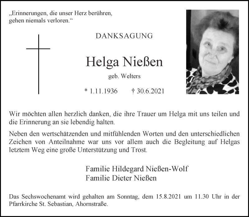 Traueranzeigen von Helga Nießen | Aachen gedenkt