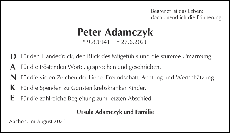 Traueranzeigen von Peter Adamczyk | Aachen gedenkt