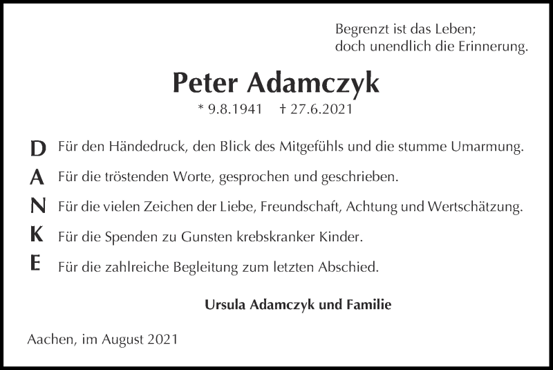 Traueranzeigen von Peter Adamczyk | Aachen gedenkt