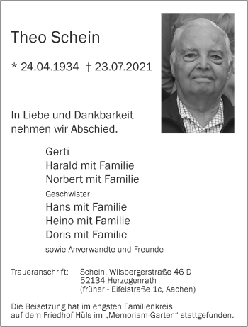 Traueranzeigen von Theo Schein | Aachen gedenkt