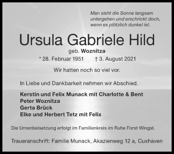 Traueranzeigen von Ursula Gabriele Hild | Aachen gedenkt