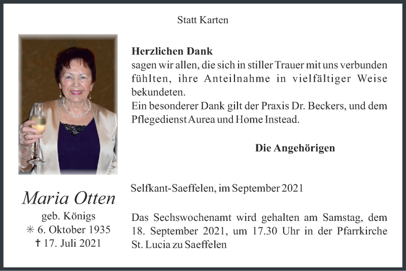 Traueranzeigen von Maria Otten | Aachen gedenkt