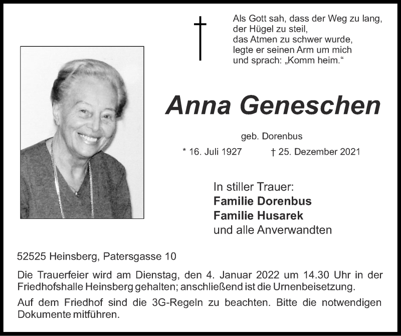 Traueranzeigen von Anna Geneschen | Aachen gedenkt