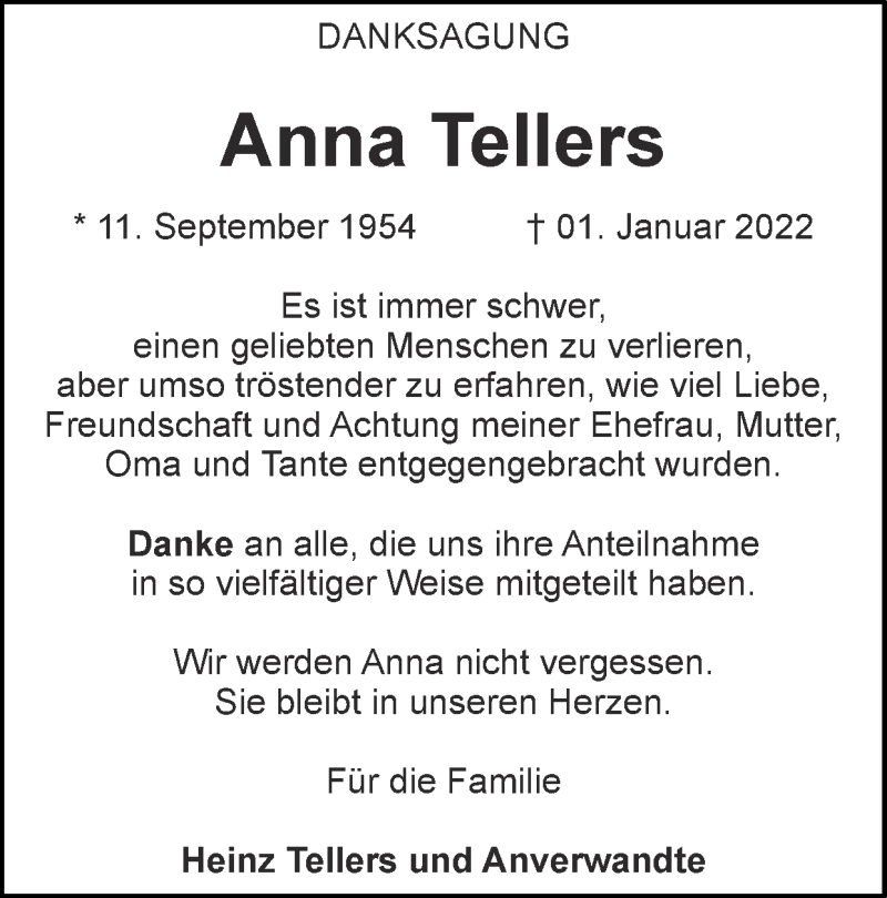 Traueranzeigen von Anna Tellers | Aachen gedenkt