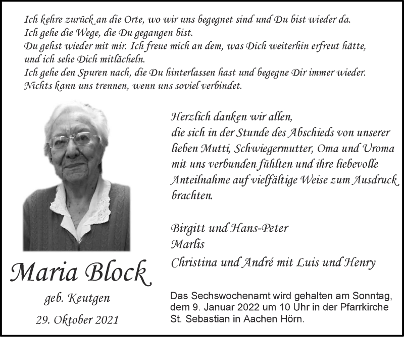 Traueranzeigen von Maria Block | Aachen gedenkt