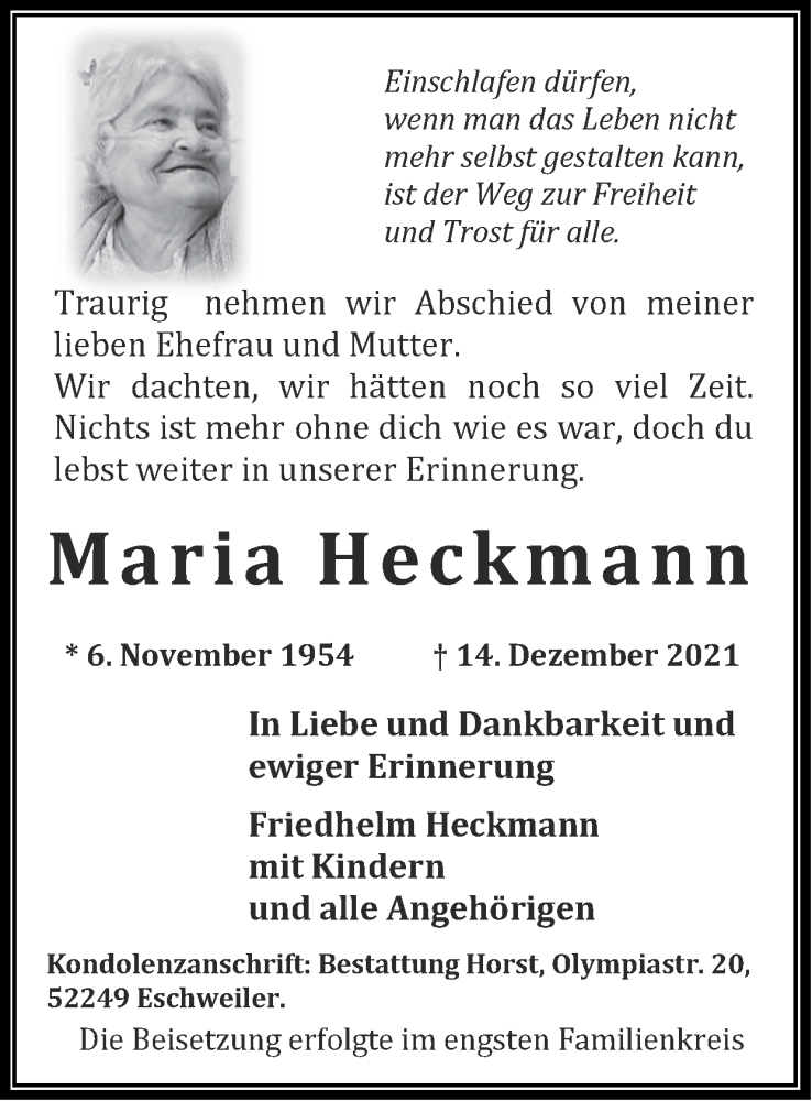 Traueranzeigen von Maria Heckmann | Aachen gedenkt