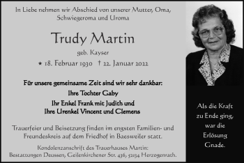 Traueranzeigen von Trudy Martin | Aachen gedenkt