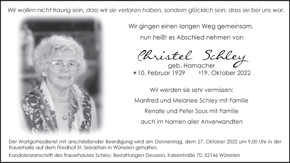 Traueranzeigen von Christel Schley | Aachen gedenkt