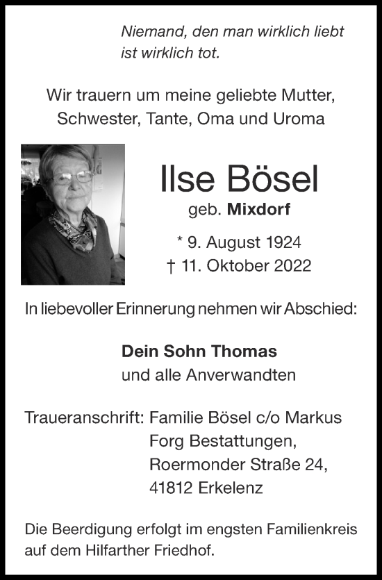 Traueranzeigen von Ilse Bösel | Aachen gedenkt