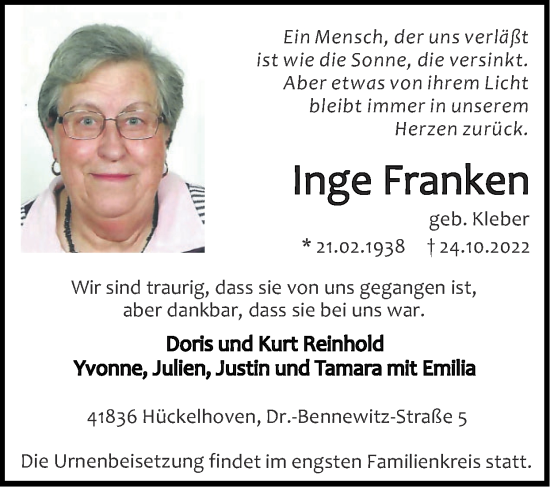 Traueranzeigen von Inge Franken | Aachen gedenkt