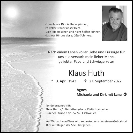 Traueranzeigen von Klaus Huth | Aachen gedenkt