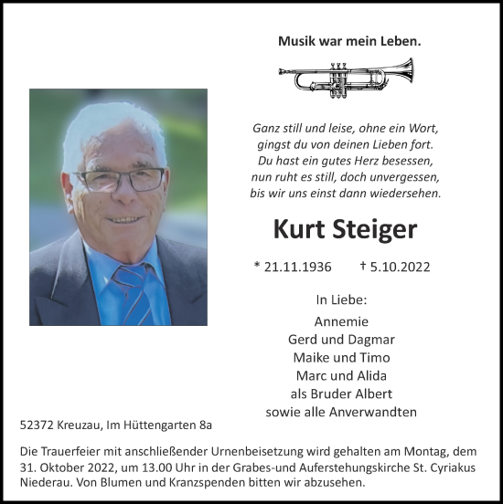 Traueranzeigen von Kurt Steiger | Aachen gedenkt Traueranzeigen von Kurt Steiger | Aachen gedenkt