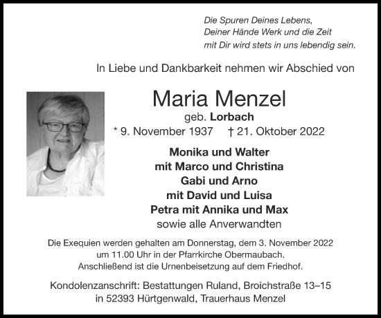 Traueranzeigen von Maria Menzel | Aachen gedenkt
