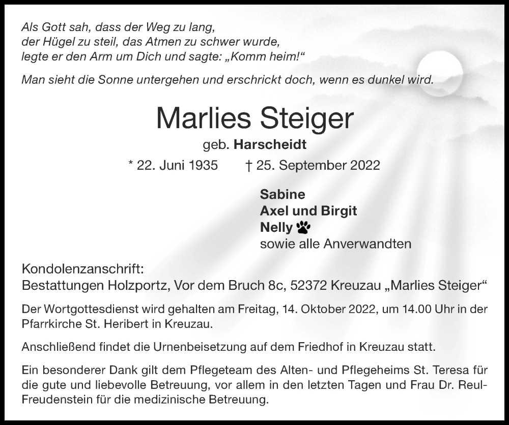 Traueranzeigen von Marlies Steiger | Aachen gedenkt Traueranzeigen von Marlies Steiger | Aachen gedenkt