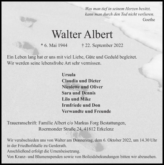 Traueranzeigen von Walter Albert | Aachen gedenkt