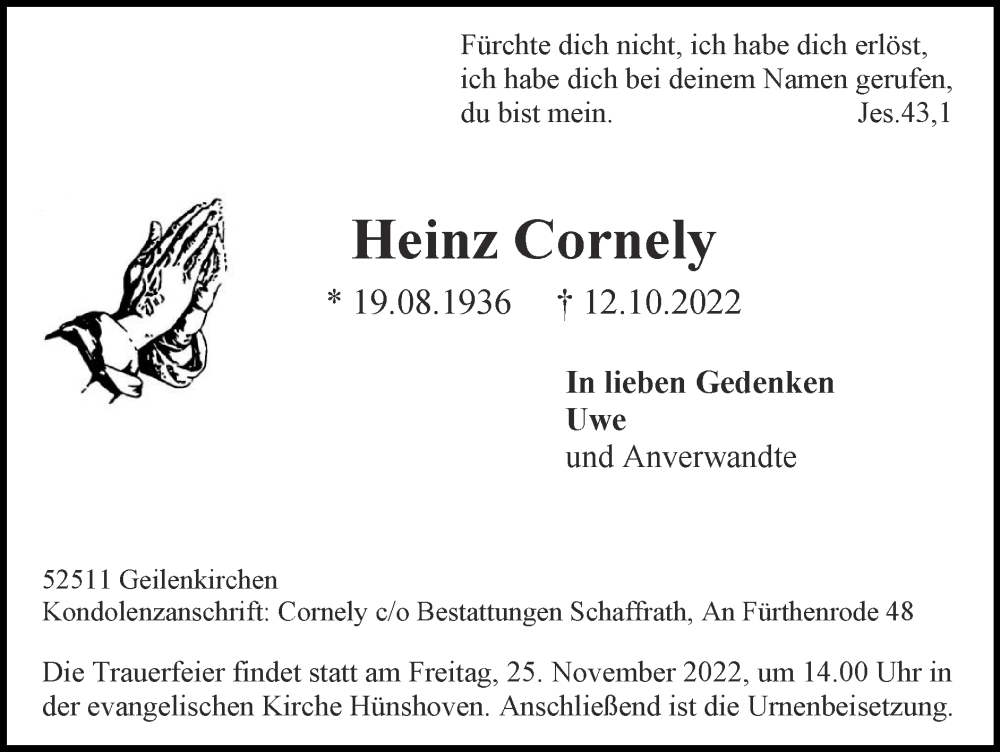 Traueranzeigen von Heinz Cornely | Aachen gedenkt
