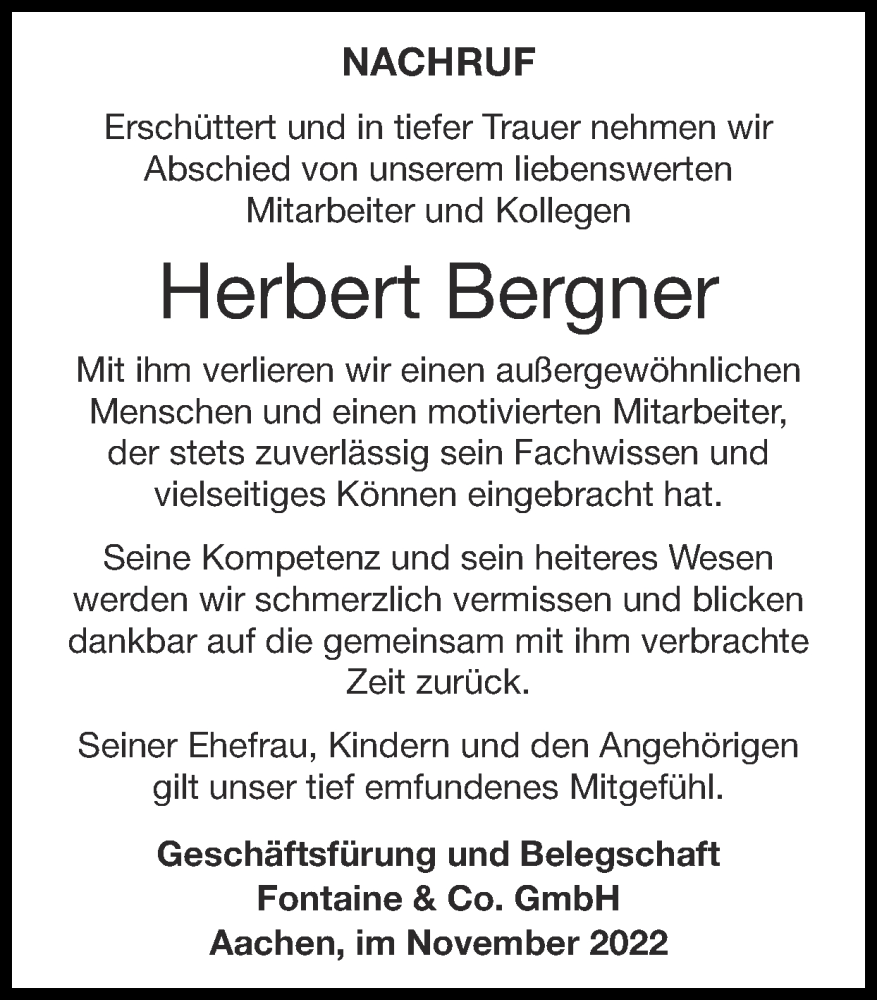 Traueranzeigen von Herbert Bergner | Aachen gedenkt