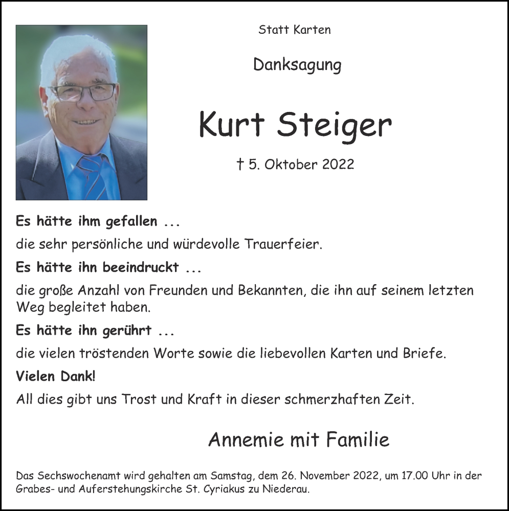 Traueranzeigen von Kurt Steiger | Aachen gedenkt Traueranzeigen von Kurt Steiger | Aachen gedenkt