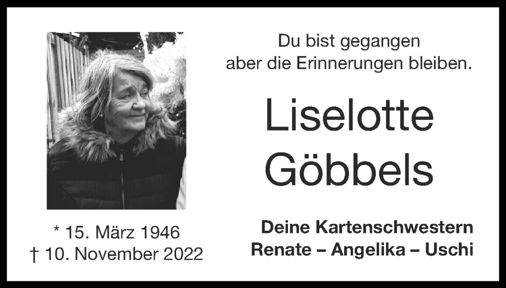 Traueranzeigen von Liselotte Göbbels | Aachen gedenkt
