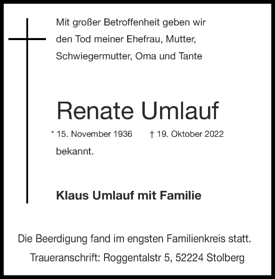 Traueranzeigen von Renate Umlauf | Aachen gedenkt