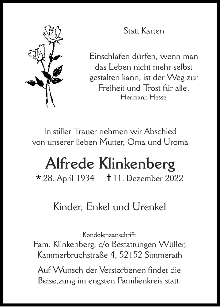 Traueranzeigen von Alfrede Klinkenberg | Aachen gedenkt