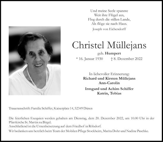Traueranzeigen von Christel Müllejans | Aachen gedenkt