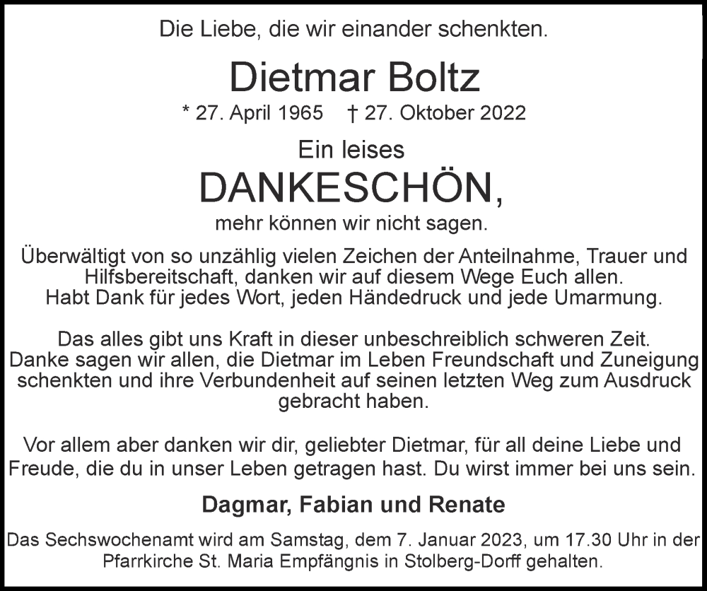 Traueranzeigen von Dietmar Boltz | Aachen gedenkt