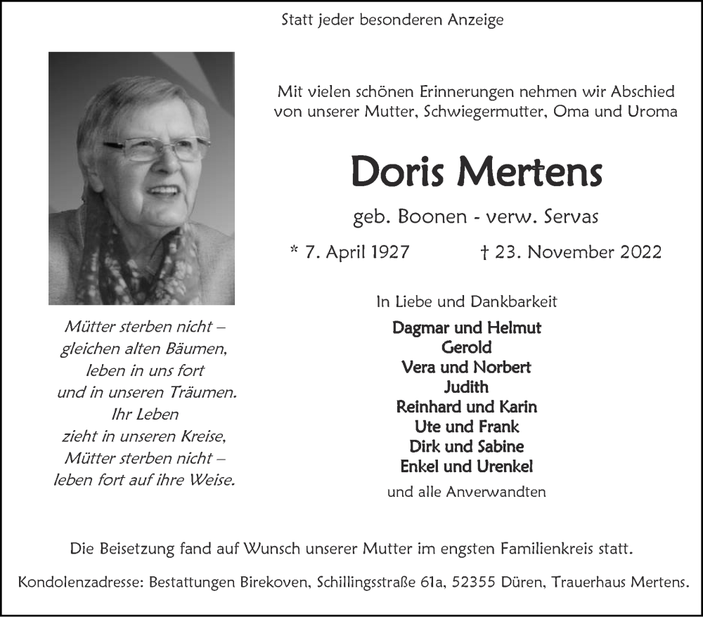 Traueranzeigen von Doris Mertens | Aachen gedenkt