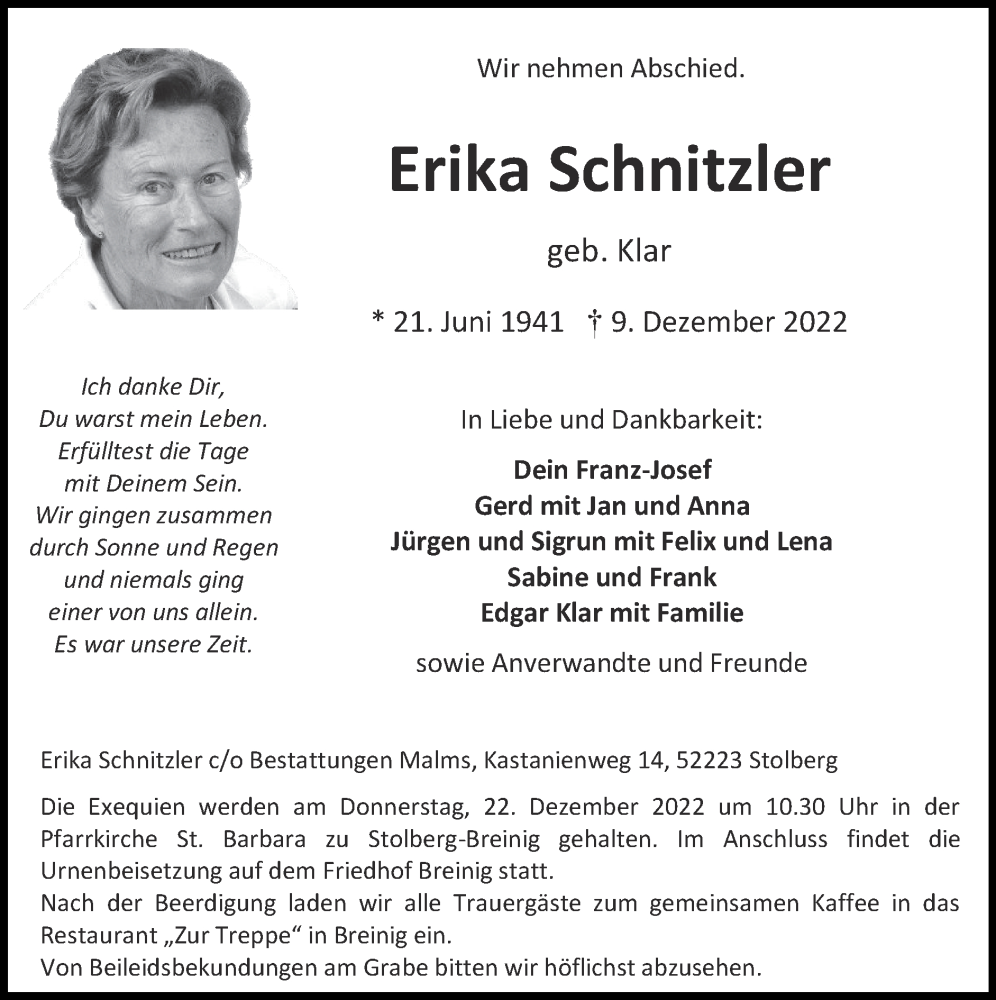 Traueranzeigen von Erika Schnitzler | Aachen gedenkt