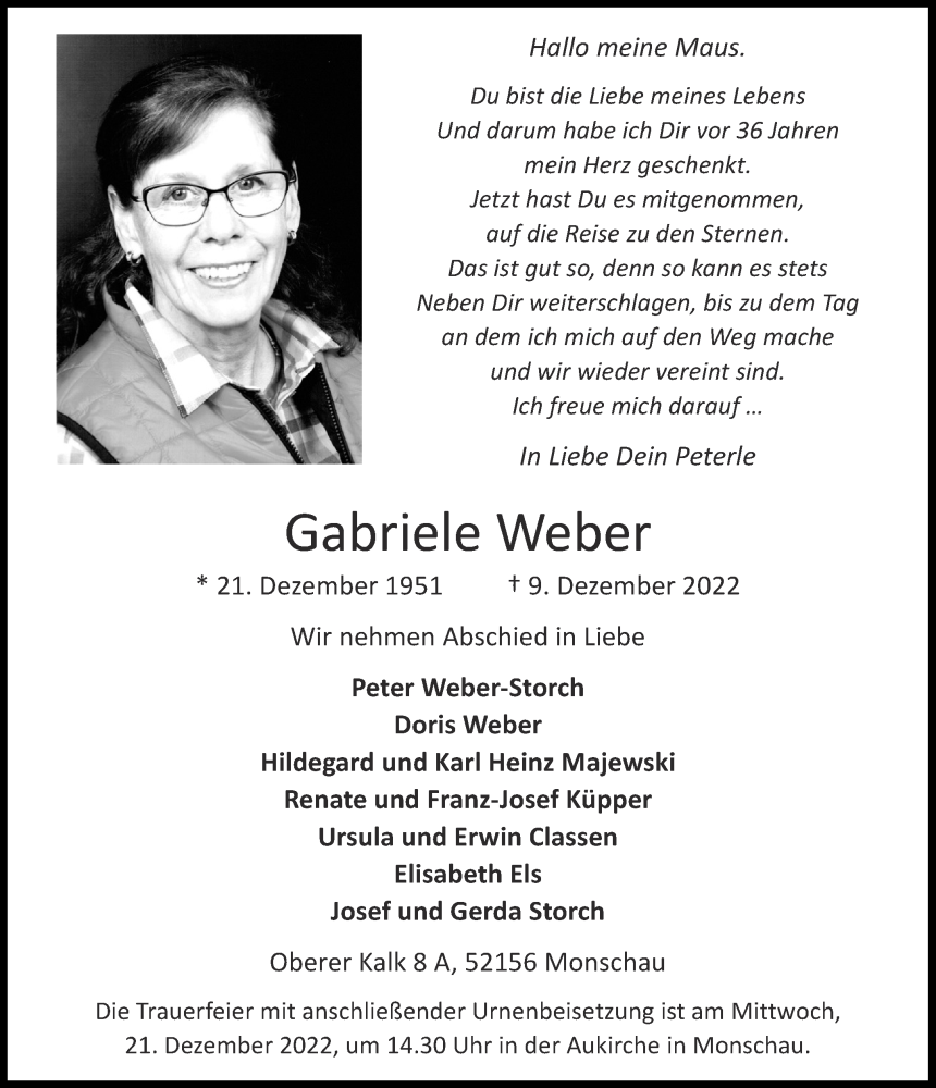 Traueranzeigen von Gabriele Weber | Aachen gedenkt Traueranzeigen von Gabriele Weber | Aachen gedenkt