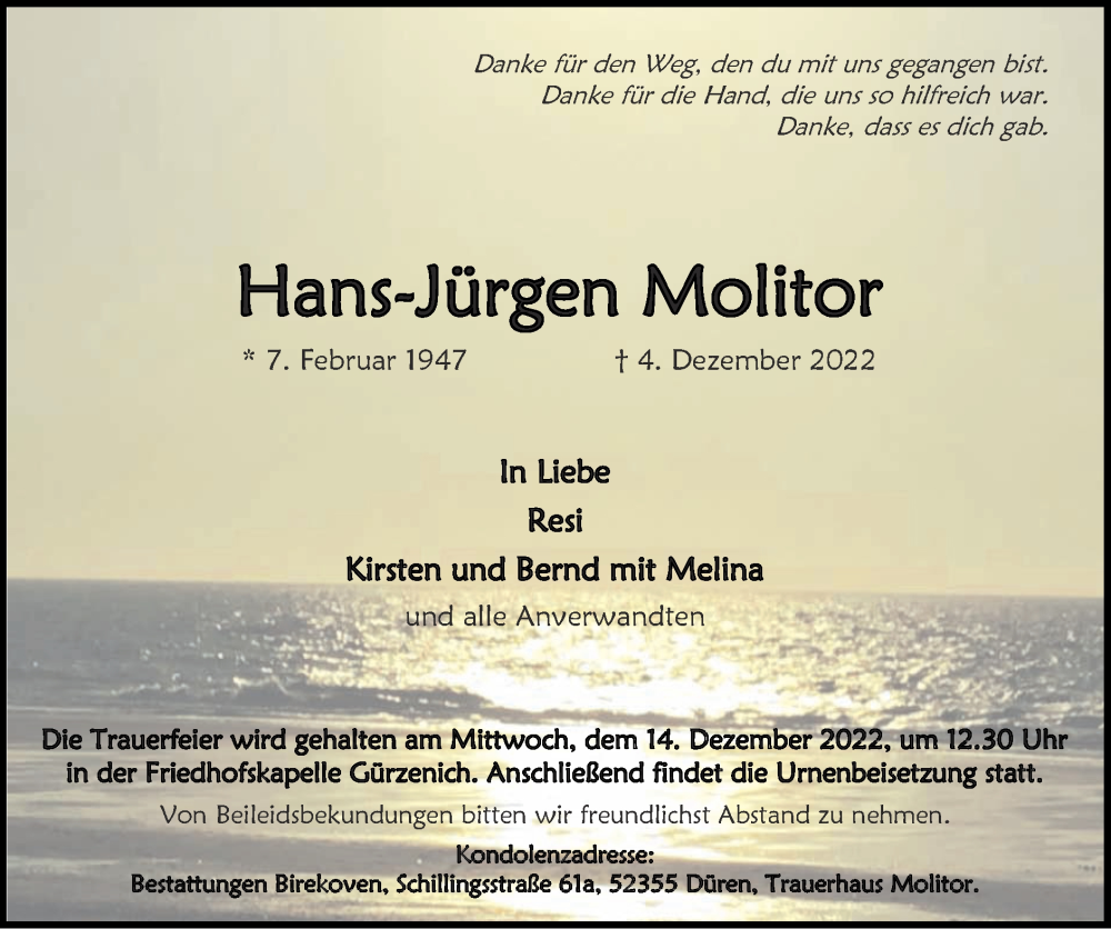 Traueranzeigen von Hans-Jürgen Molitor | Aachen gedenkt