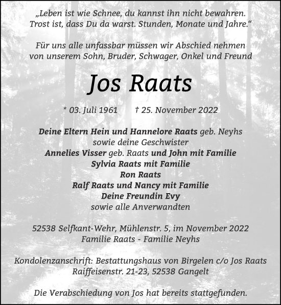 Traueranzeigen von Jos Raats | Aachen gedenkt