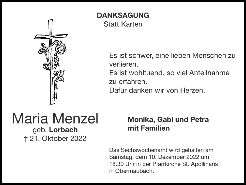 Traueranzeigen von Maria Menzel | Aachen gedenkt