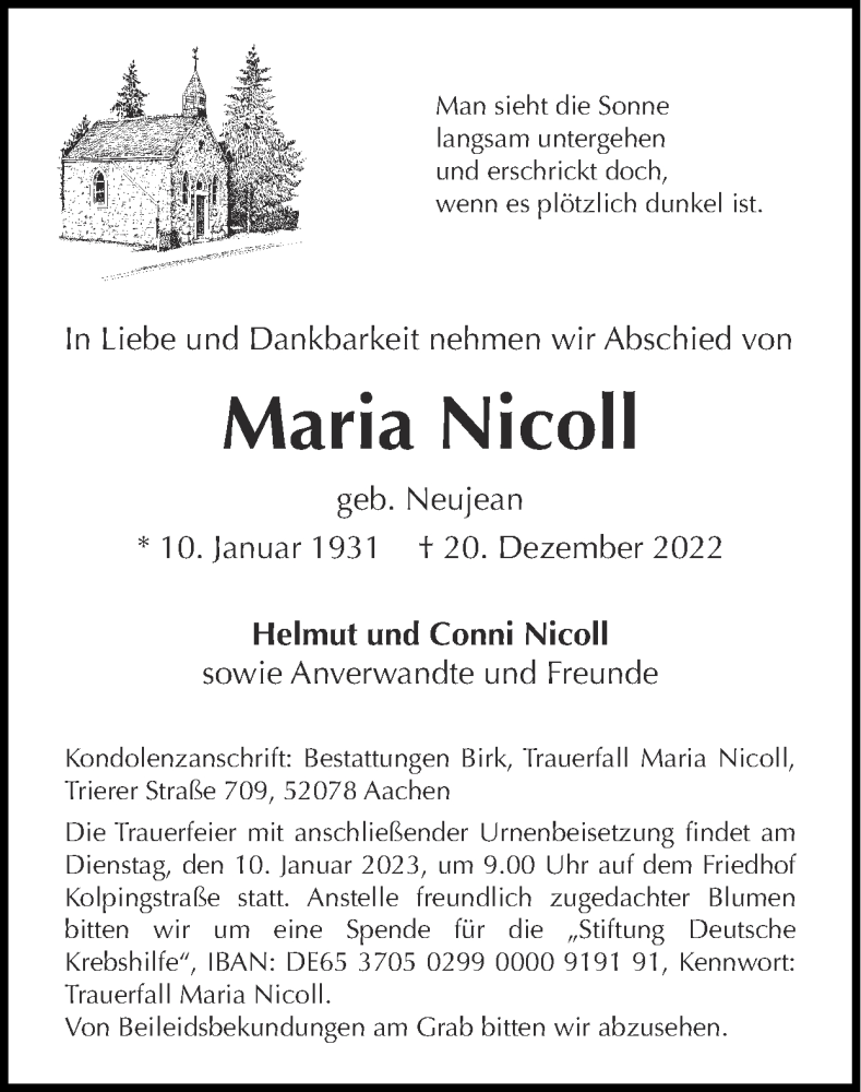 Traueranzeigen von Maria Nicoll | Aachen gedenkt
