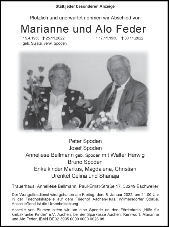 Traueranzeigen von Marianne Feder | Aachen gedenkt