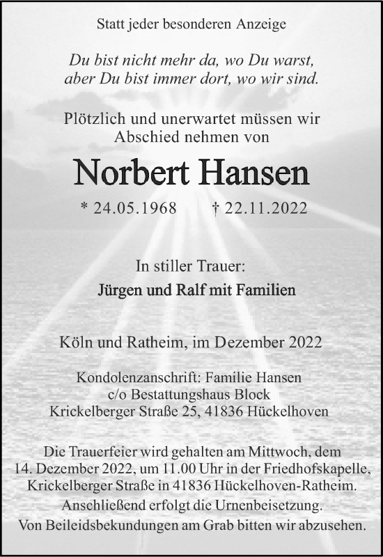 Traueranzeigen von Norbert Hansen | Aachen gedenkt
