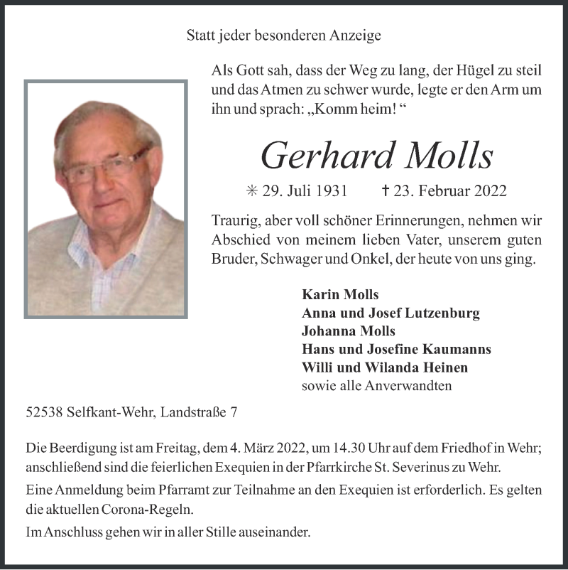 Traueranzeigen von Gerhard Molls | Aachen gedenkt
