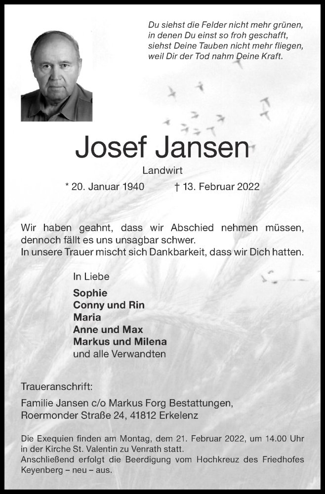 Traueranzeigen von Josef Jansen | Aachen gedenkt