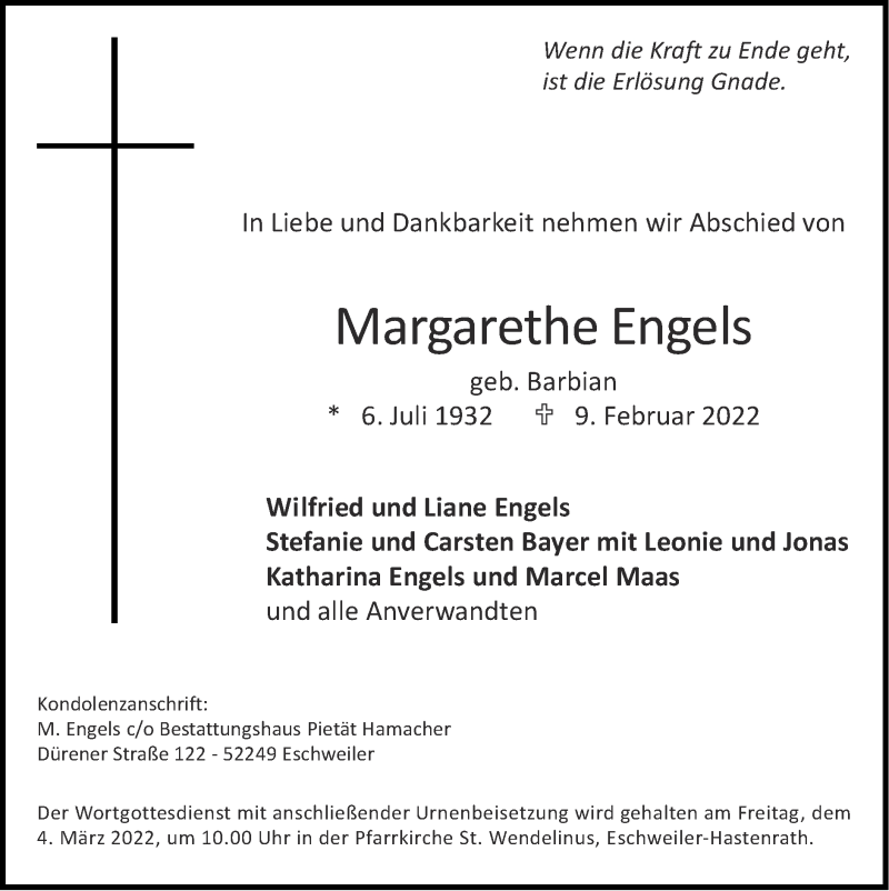 Traueranzeigen von Margarethe Engels | Aachen gedenkt
