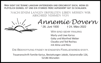 Traueranzeigen von Annemie Dovern | Aachen gedenkt