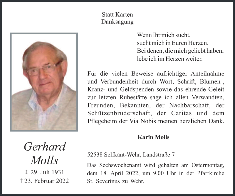 Traueranzeigen von Gerhard Molls | Aachen gedenkt