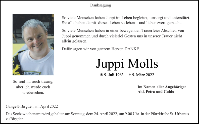 Traueranzeigen von Juppi Molls | Aachen gedenkt