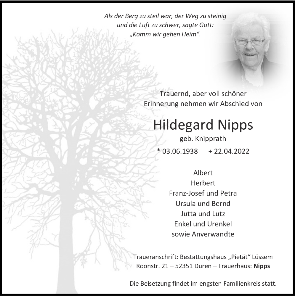 Traueranzeigen von Hildegard Nipps | Aachen gedenkt Traueranzeigen von Hildegard Nipps | Aachen gedenkt