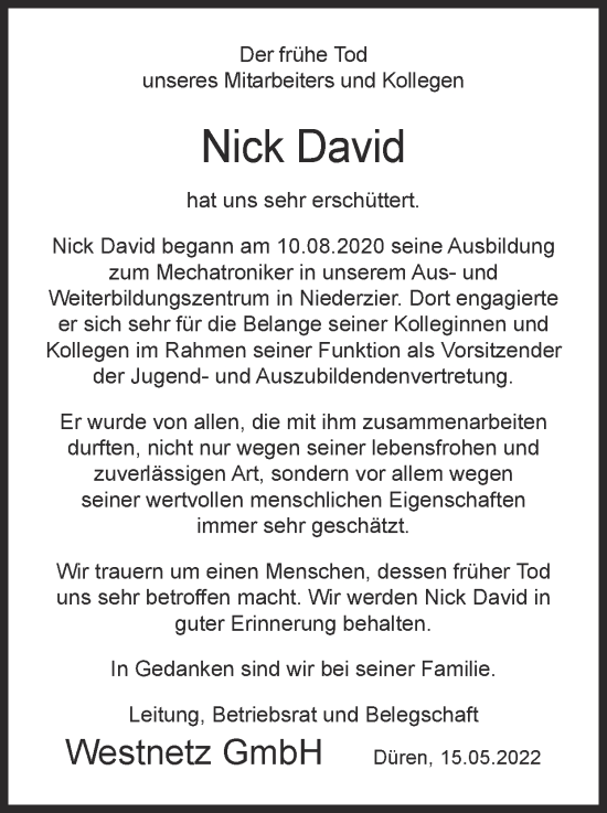 Traueranzeigen von Nick David | Aachen gedenkt