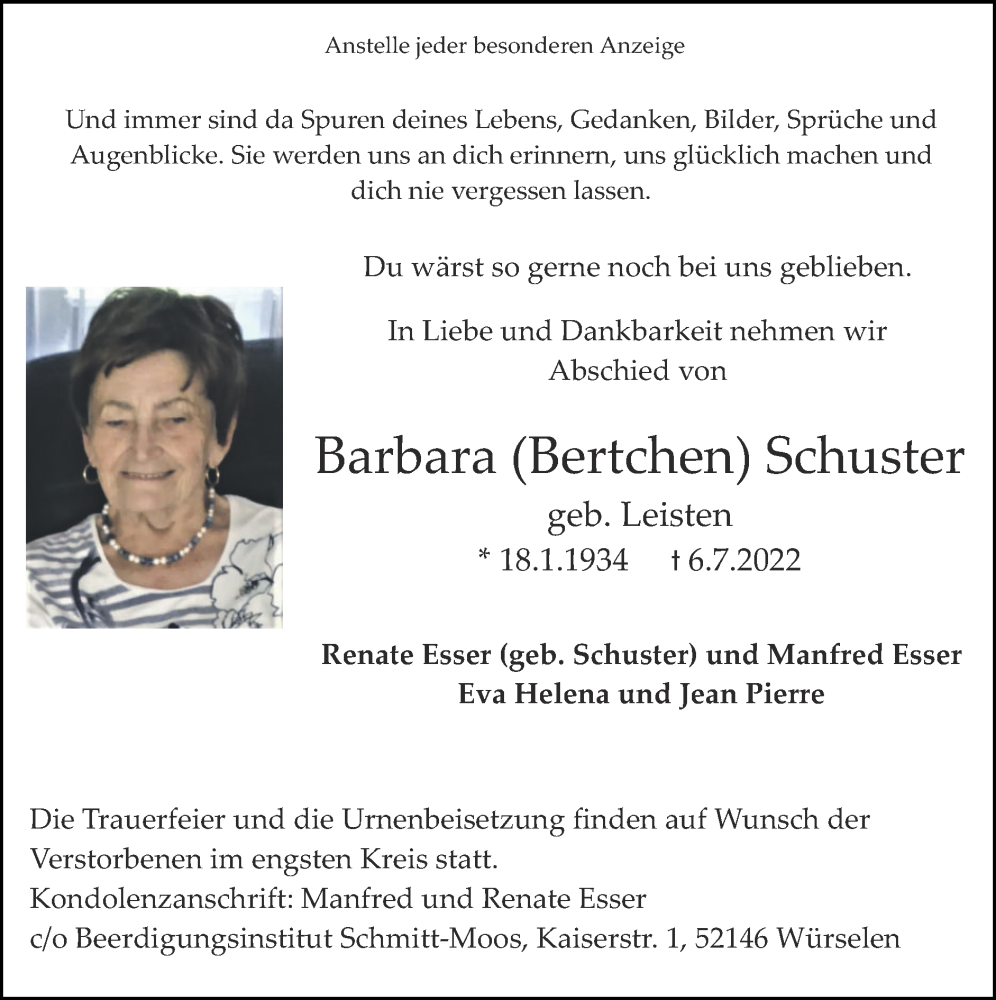 Traueranzeigen von Barbara Schuster | Aachen gedenkt