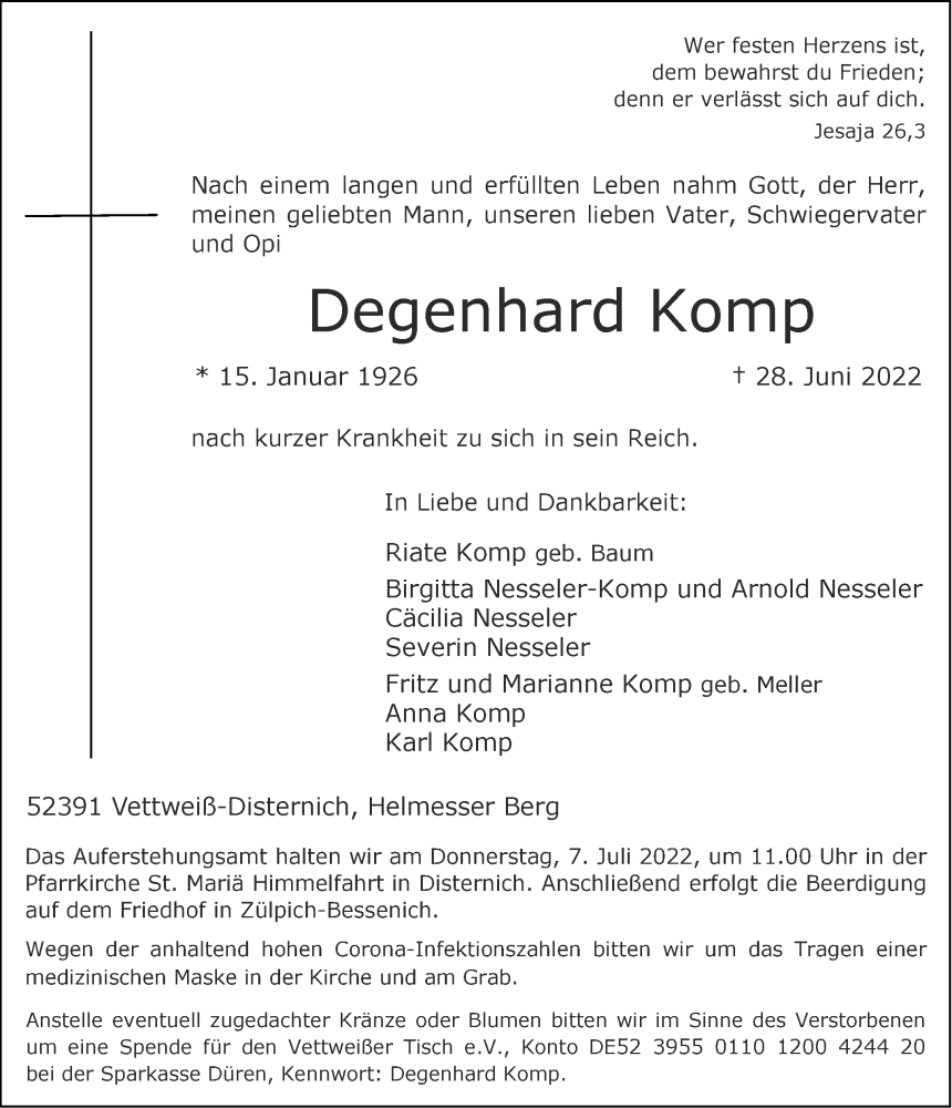 Traueranzeigen von Degenhard Komp | Aachen gedenkt