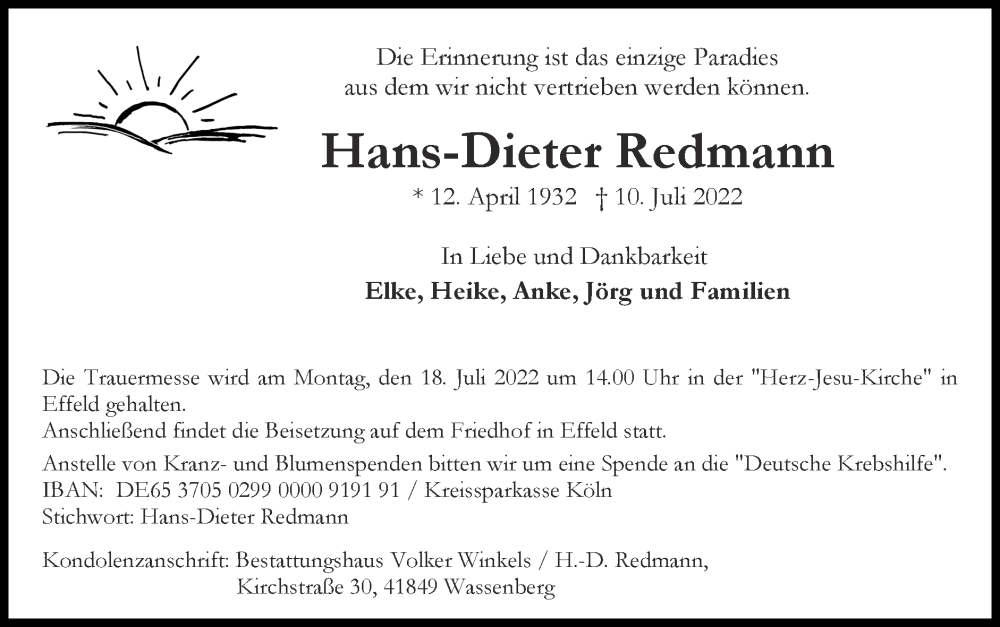 Traueranzeigen von Hans-Dieter Redmann | Aachen gedenkt