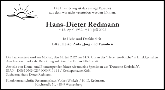 Traueranzeigen von Hans-Dieter Redmann | Aachen gedenkt