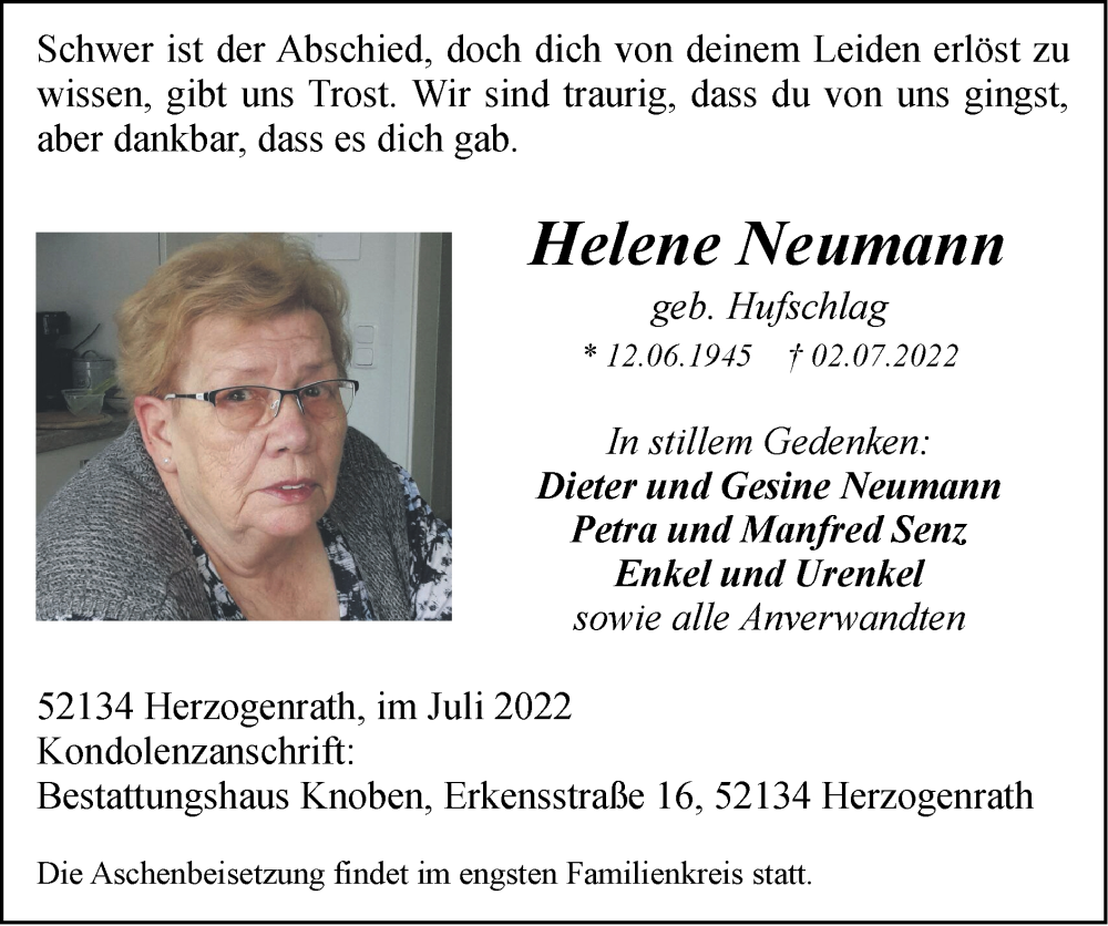 Traueranzeigen von Helene Neumann | Aachen gedenkt