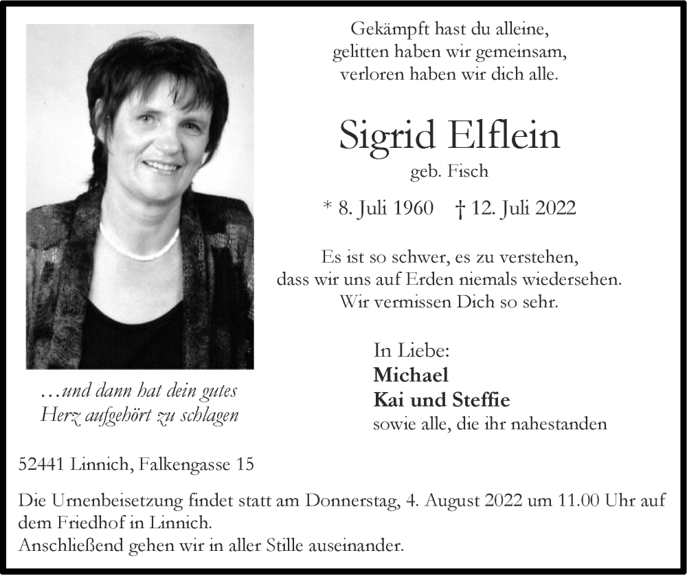 Traueranzeigen von Sigrid Elflein | Aachen gedenkt Traueranzeigen von Sigrid Elflein | Aachen gedenkt